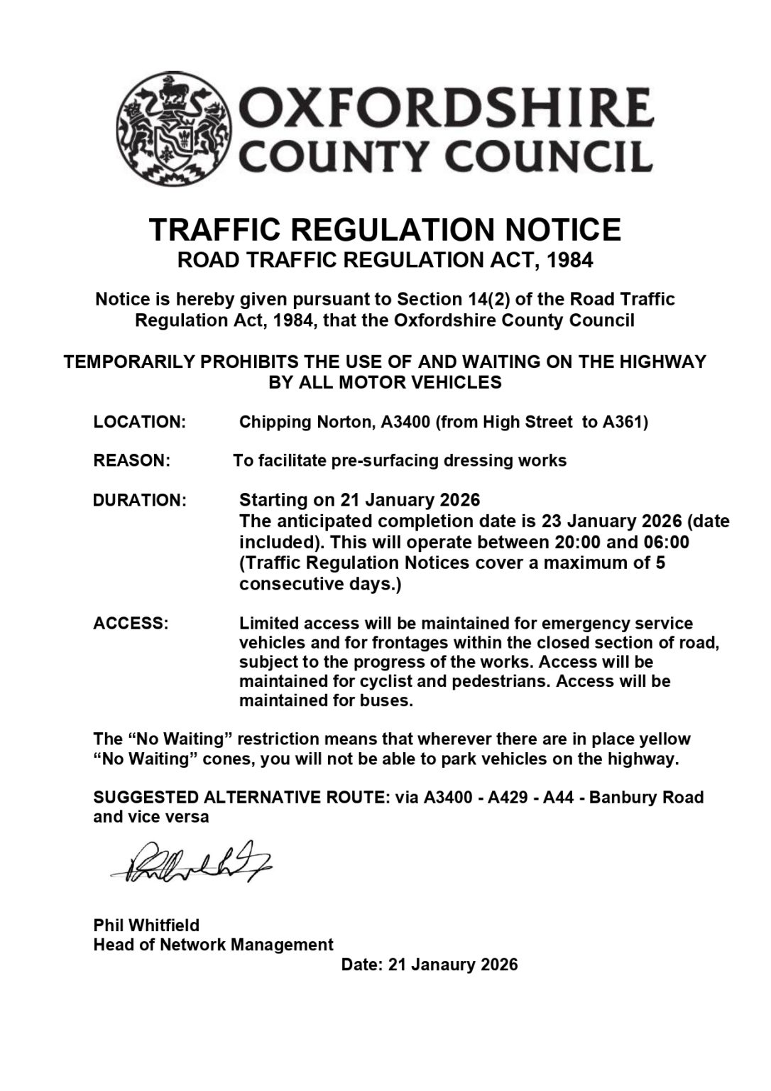 Temporary Traffic Regulation Order – S14 Road Traffic Regulation Act ...